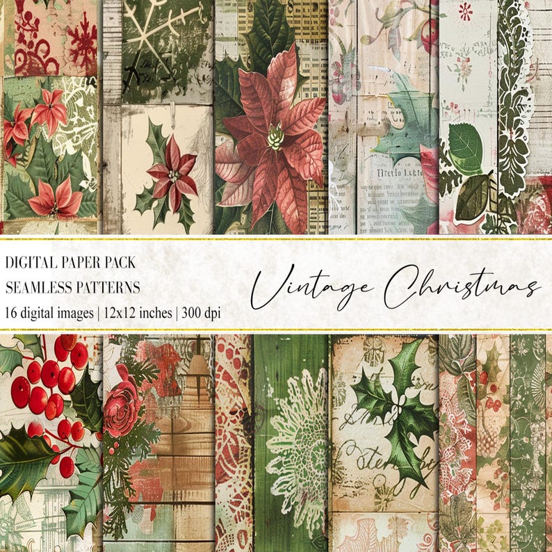 Vintage Christmas Digital Paper, Vintage Christmas Scrapbooking, Old ...