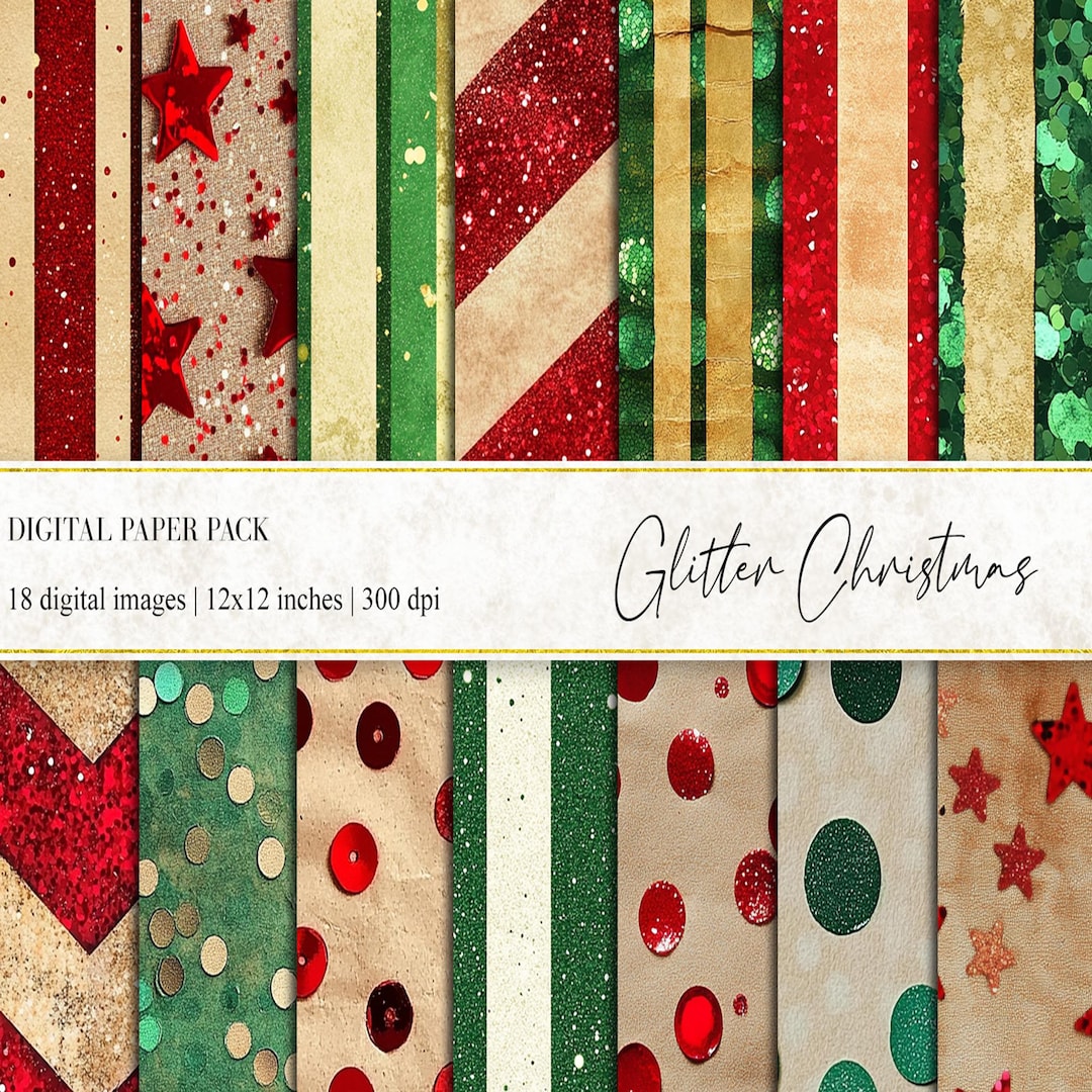 Glitter Christmas Digital Paper: Seamless Holiday Patterns (PNG, 12x12 ...