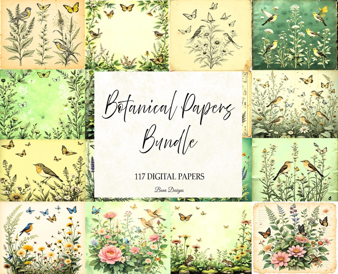 Botanical Digital Paper Bundle: Birds, Butterflies, Greenery (PNG, 300 ...