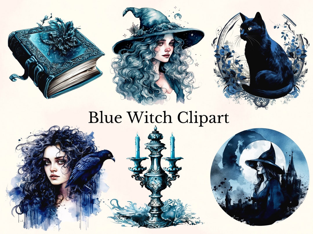 Watercolor Blue Witch Clipart: Fantasy Graphics (PNG, Commercial Use ...