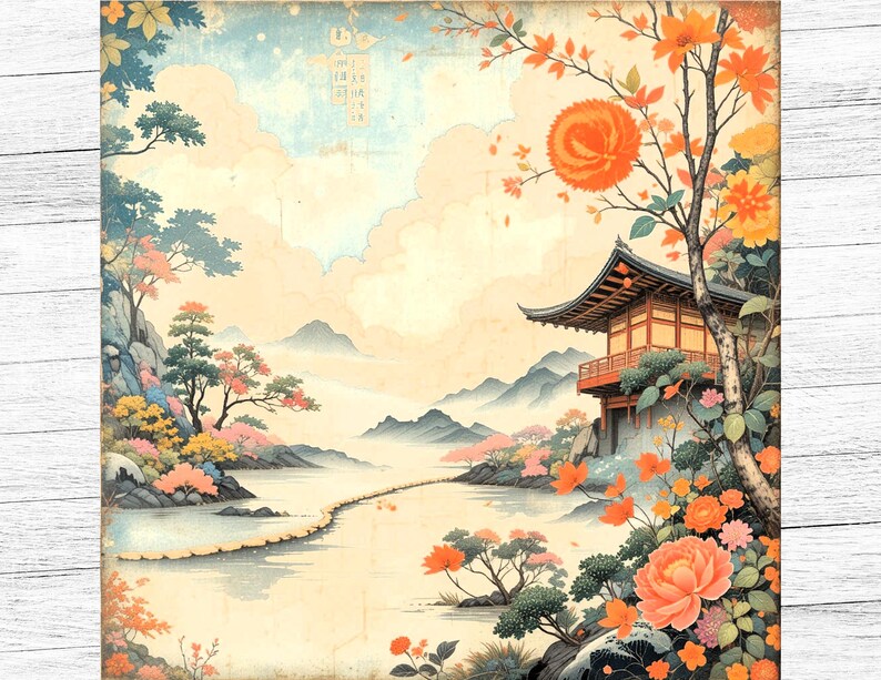 Japanese Landscape Junk Journal Papers: Floral Collage Art (digital ...