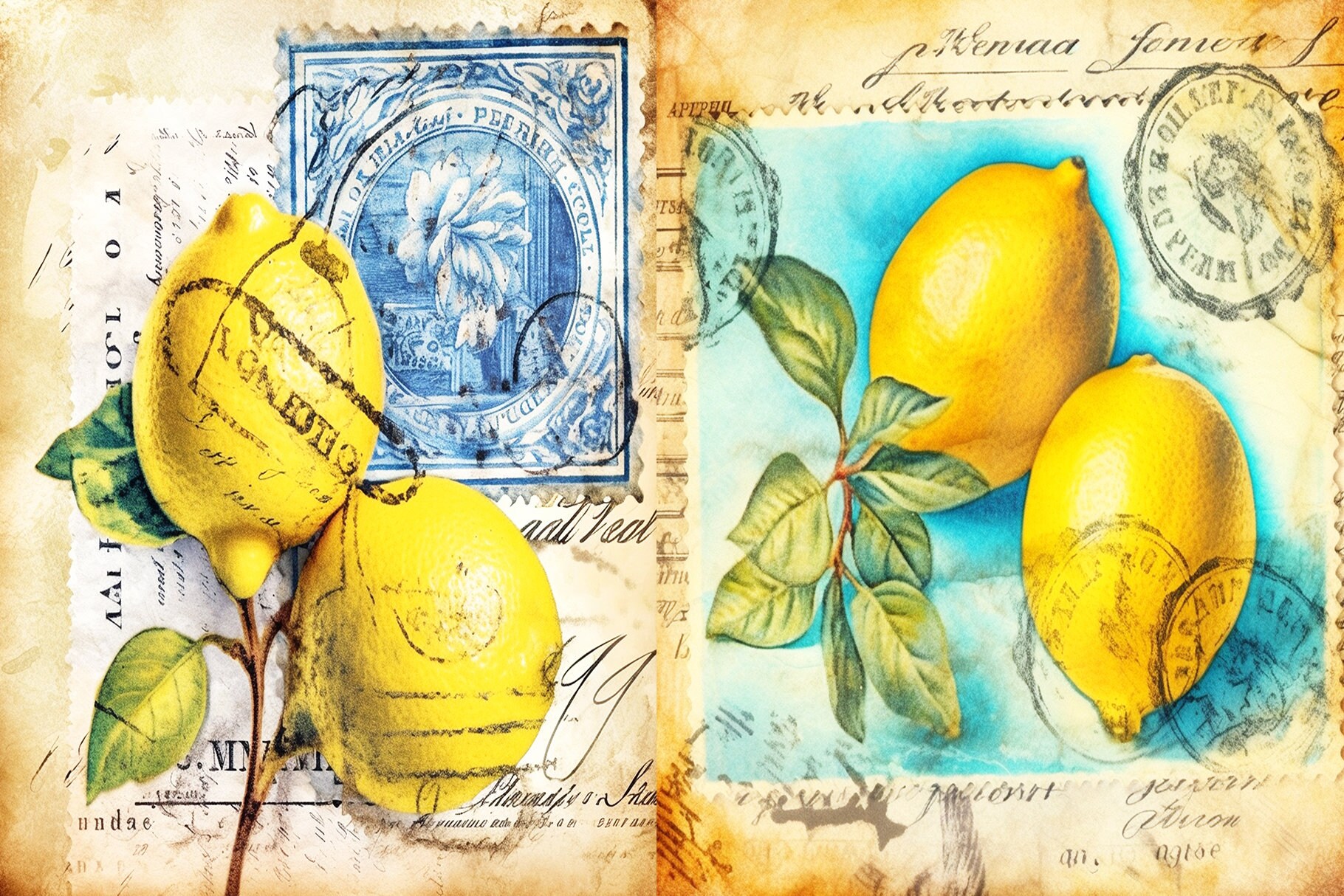 Vintage Lemon Digital Papers, Watercolor Lemon Backgrounds, Vintage ...