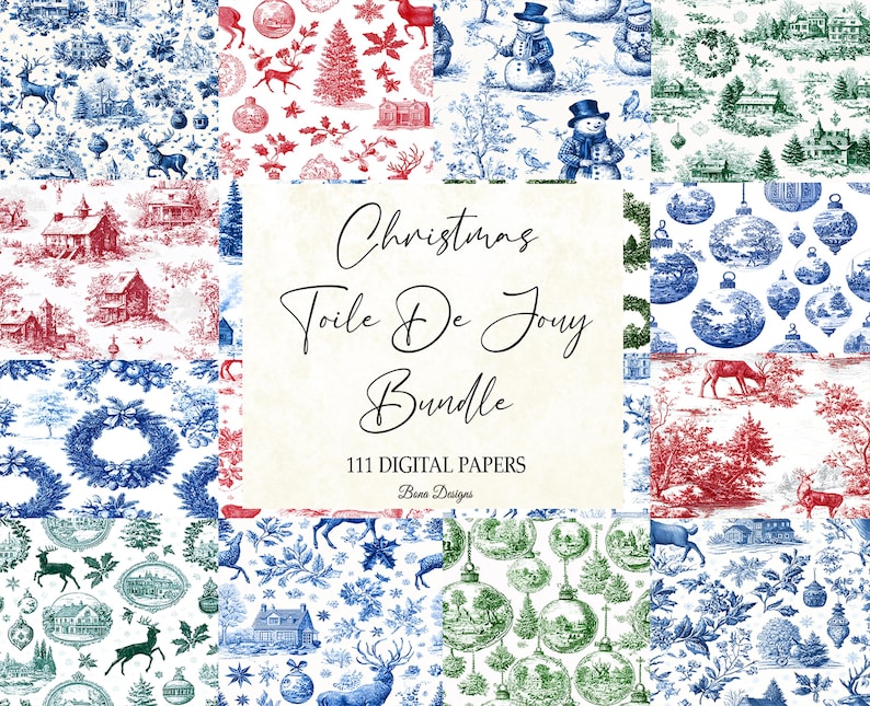 Christmas Toile De Jouy Digital Paper Bundle: Seamless Patterns (PNG ...