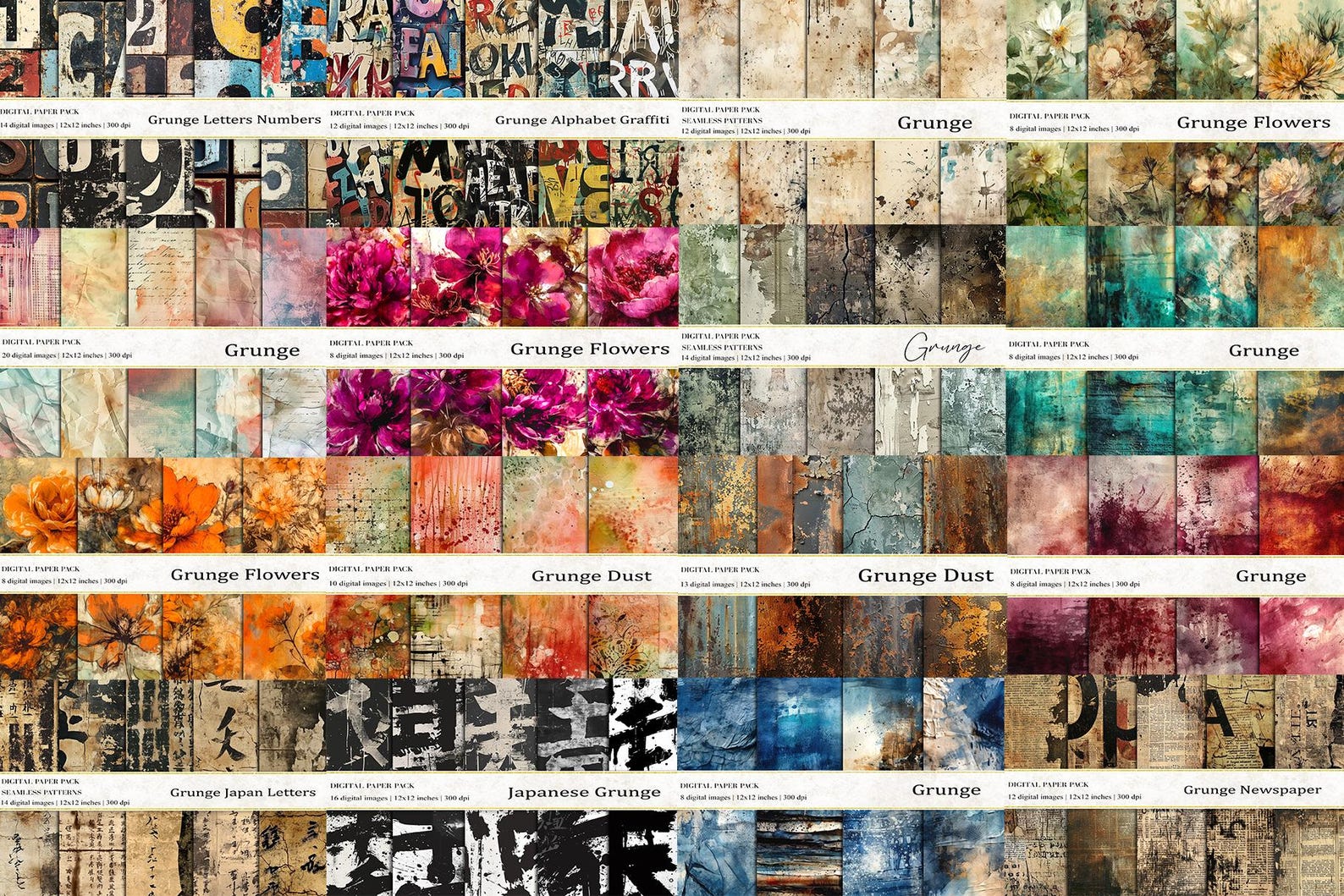 Grunge Digital Paper Bundle: 1379 Distressed Textures, Ephemera ...