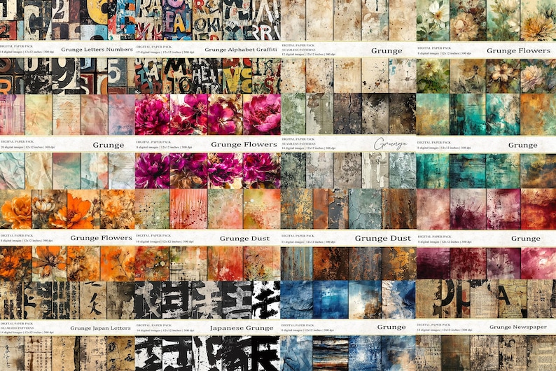 Grunge Digital Paper Bundle: 1379 Distressed Textures, Ephemera ...