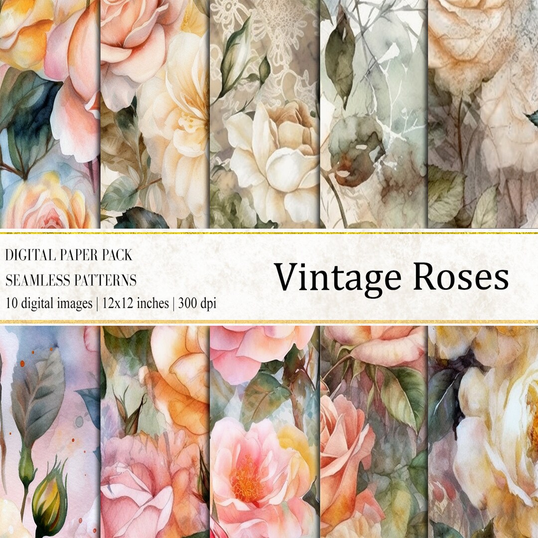 Vintage Roses Digital Papers, Watercolor Rose Print, Watercolor Rose ...