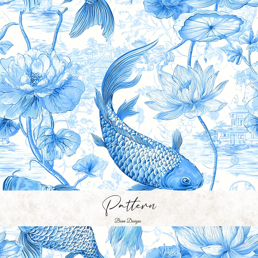Chinoiserie Pattern: Fish Toile De Jouy Fabric Print (digital Download ...