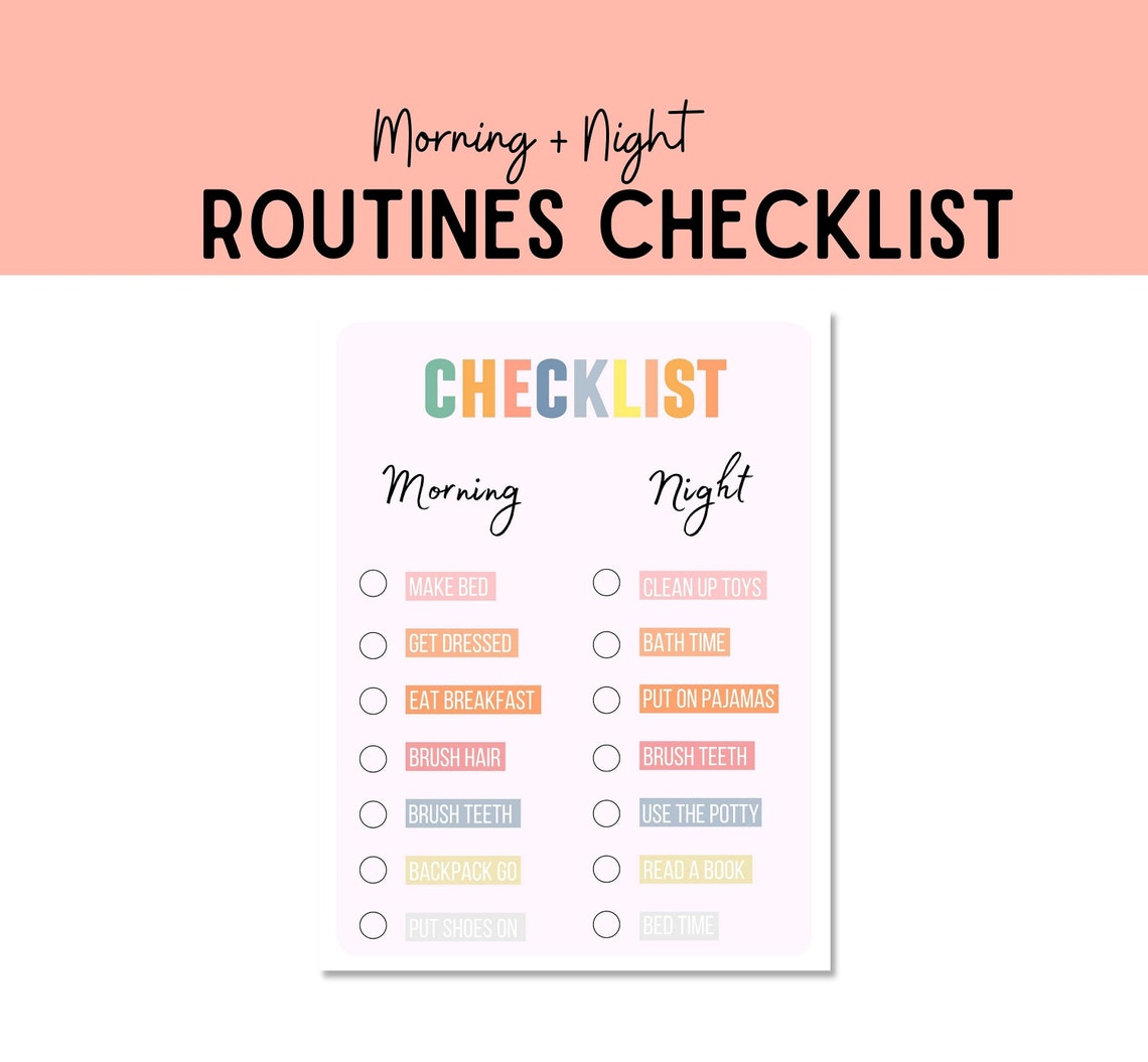 Kids Morning Night Routine Checklist, Responsibility Chart (PDF Pattern ...