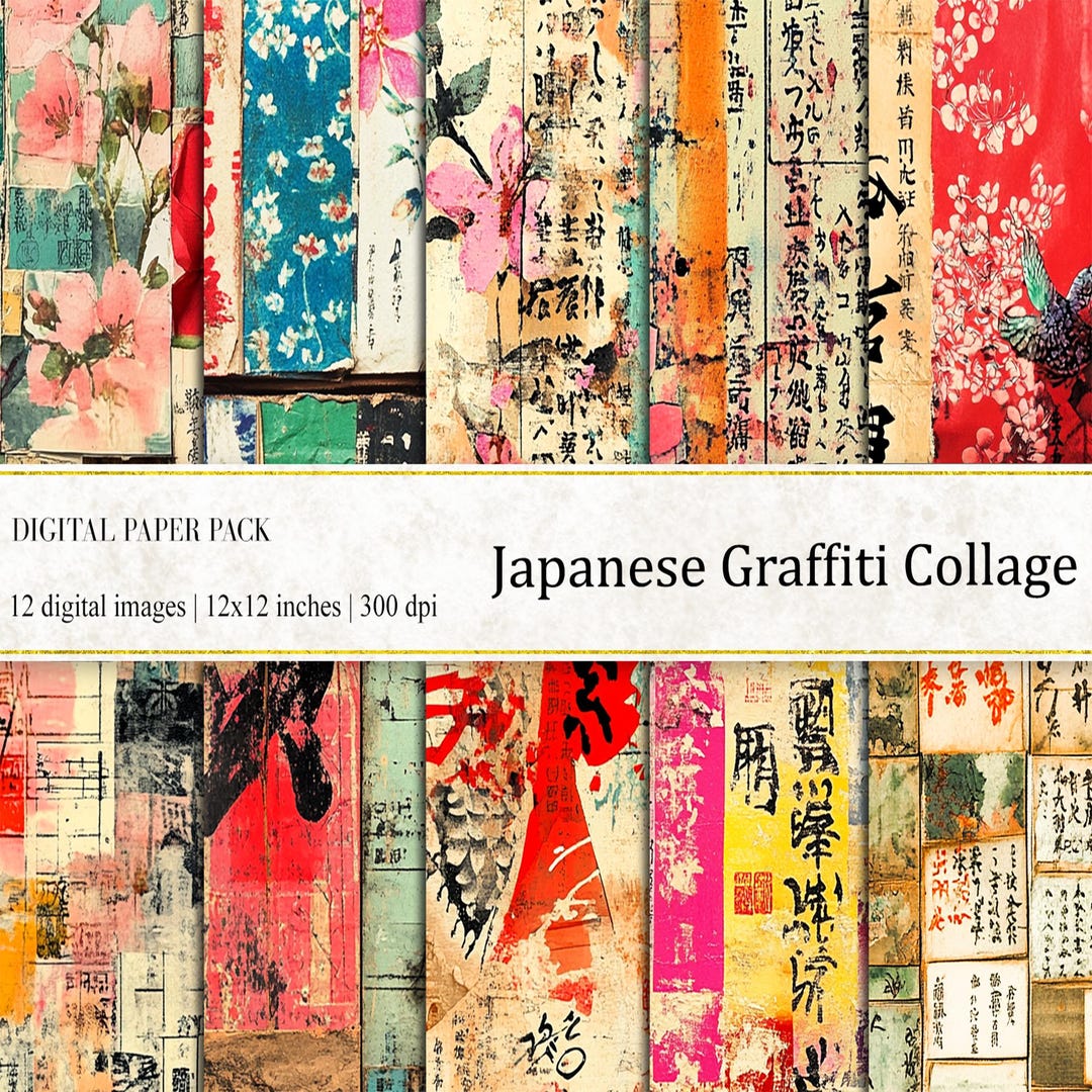 Japanese Graffiti Collage Digital Paper, Japan Letters, Digital Collage ...