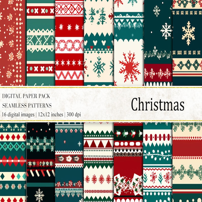 Christmas Plaid Digital Papers: Seamless Folk Patterns (PNG, 12x12, 300 ...