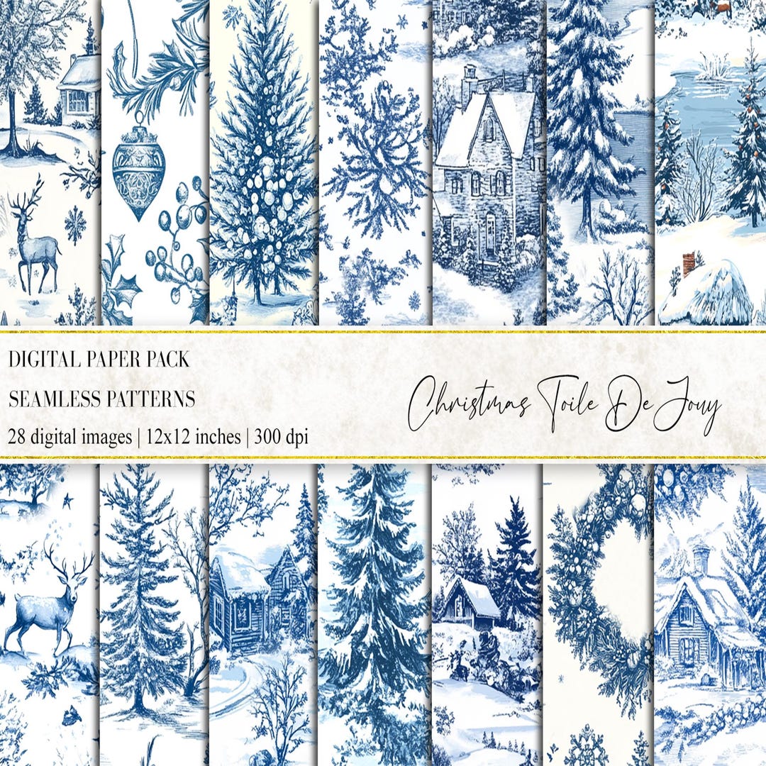 Christmas Toile De Jouy Digital Paper: Vintage Seamless Pattern (PNG ...