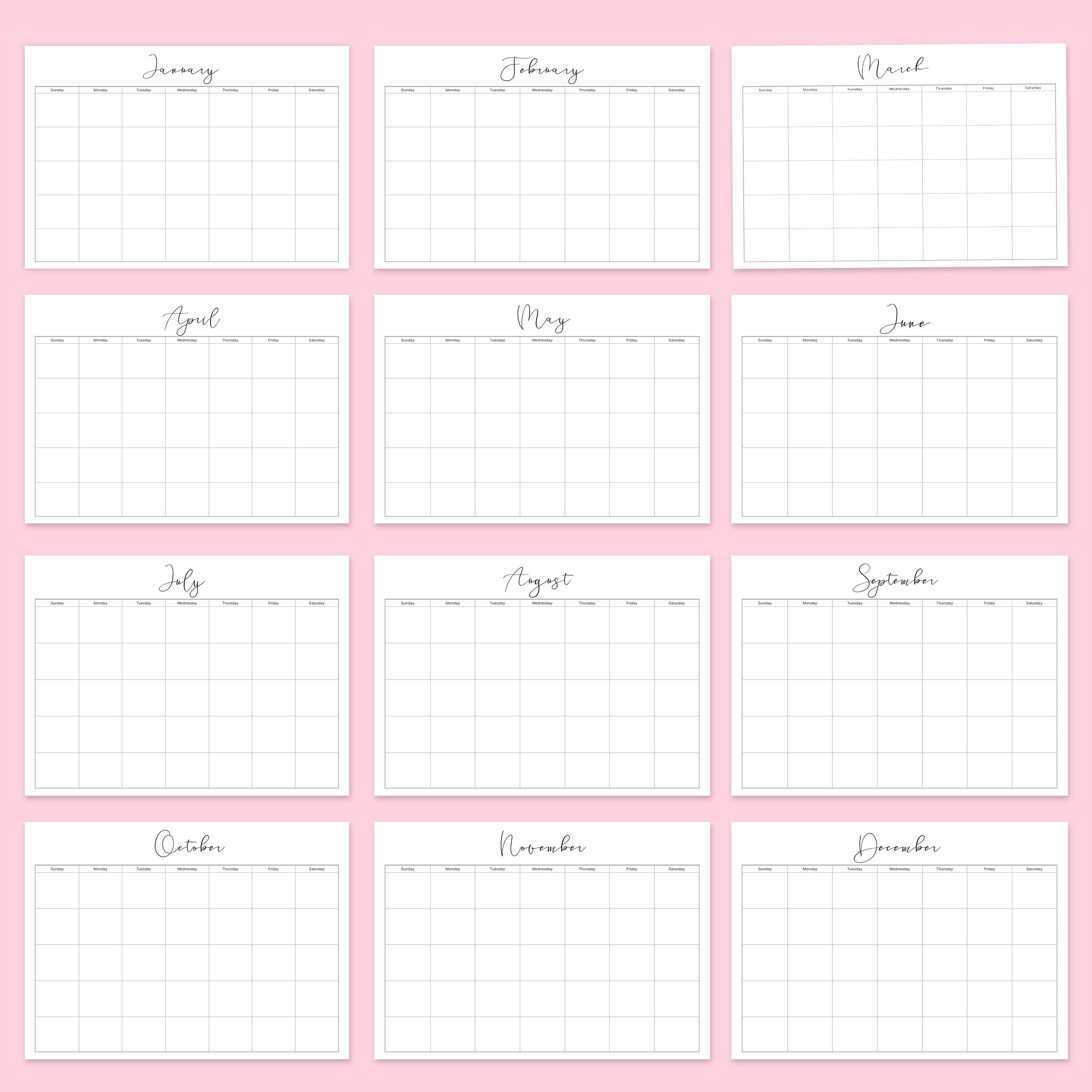 Monthly Blank Calendar, Horizontal Printable Calendar Pages, PDF ...