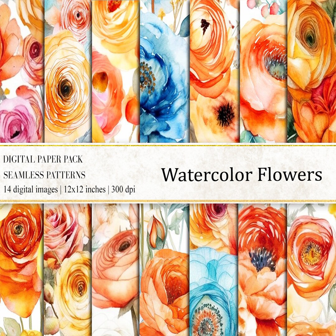 Watercolor Orange Flowers Digital Papers, Watercolor Orange Flowers ...