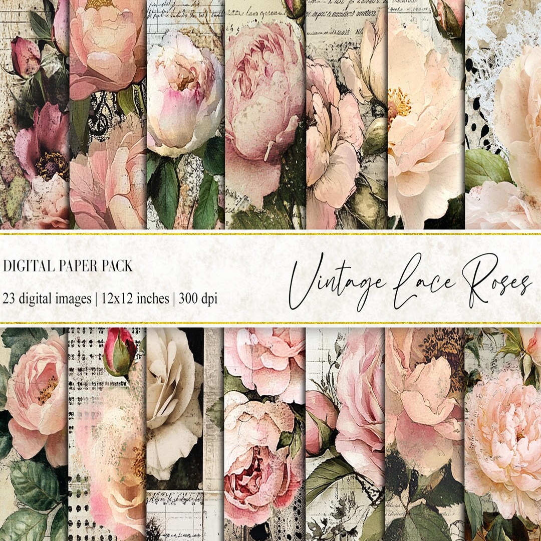 Vintage Lace Rose Digital Papers, Vintage Papers, Tattared Digital ...