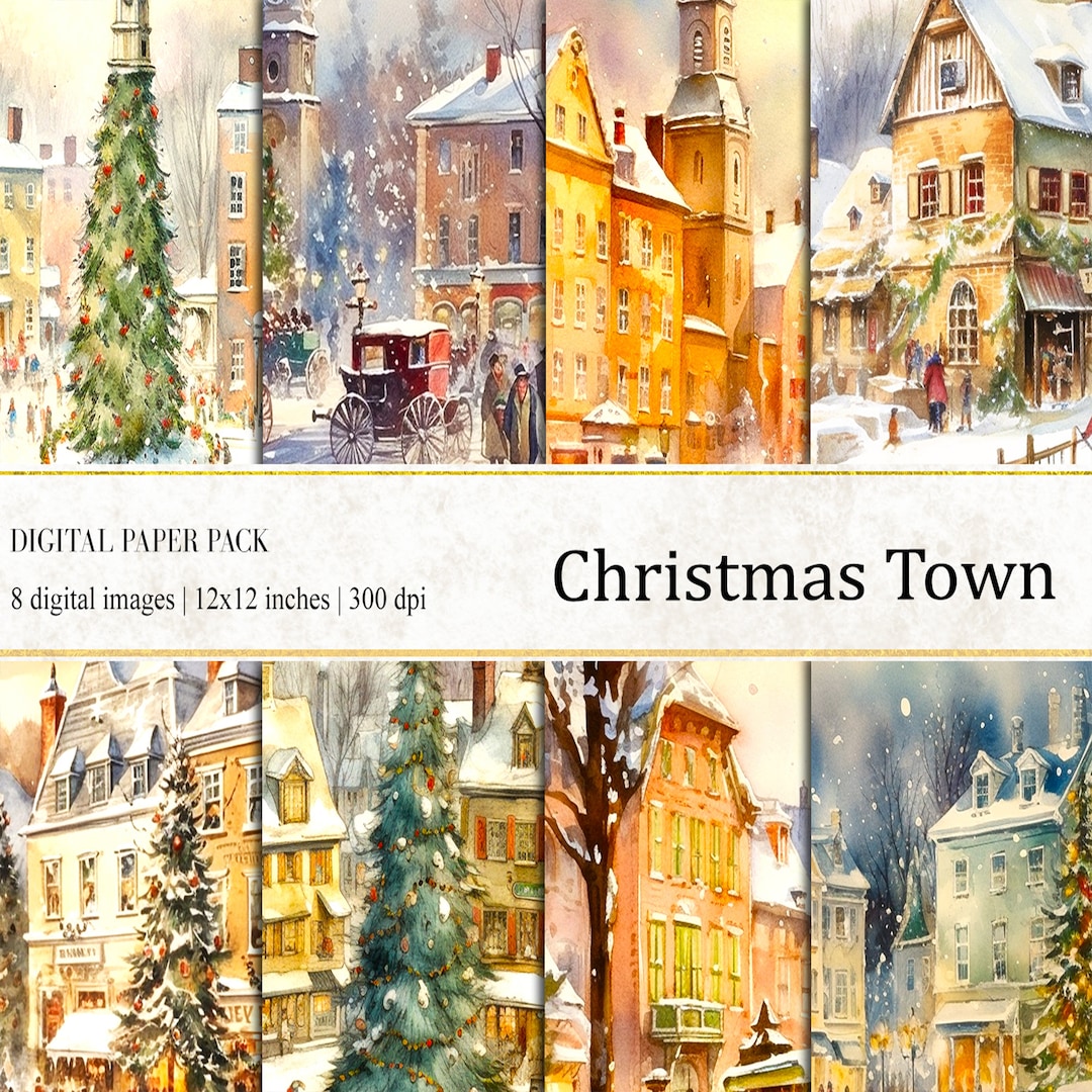 Christmas Town Digital Papers, Watercolor Christmas Town Print ...