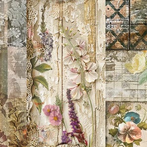 Cottagecore Floral Digital Papers: Vintage Journal, Shabby Collage (PNG ...
