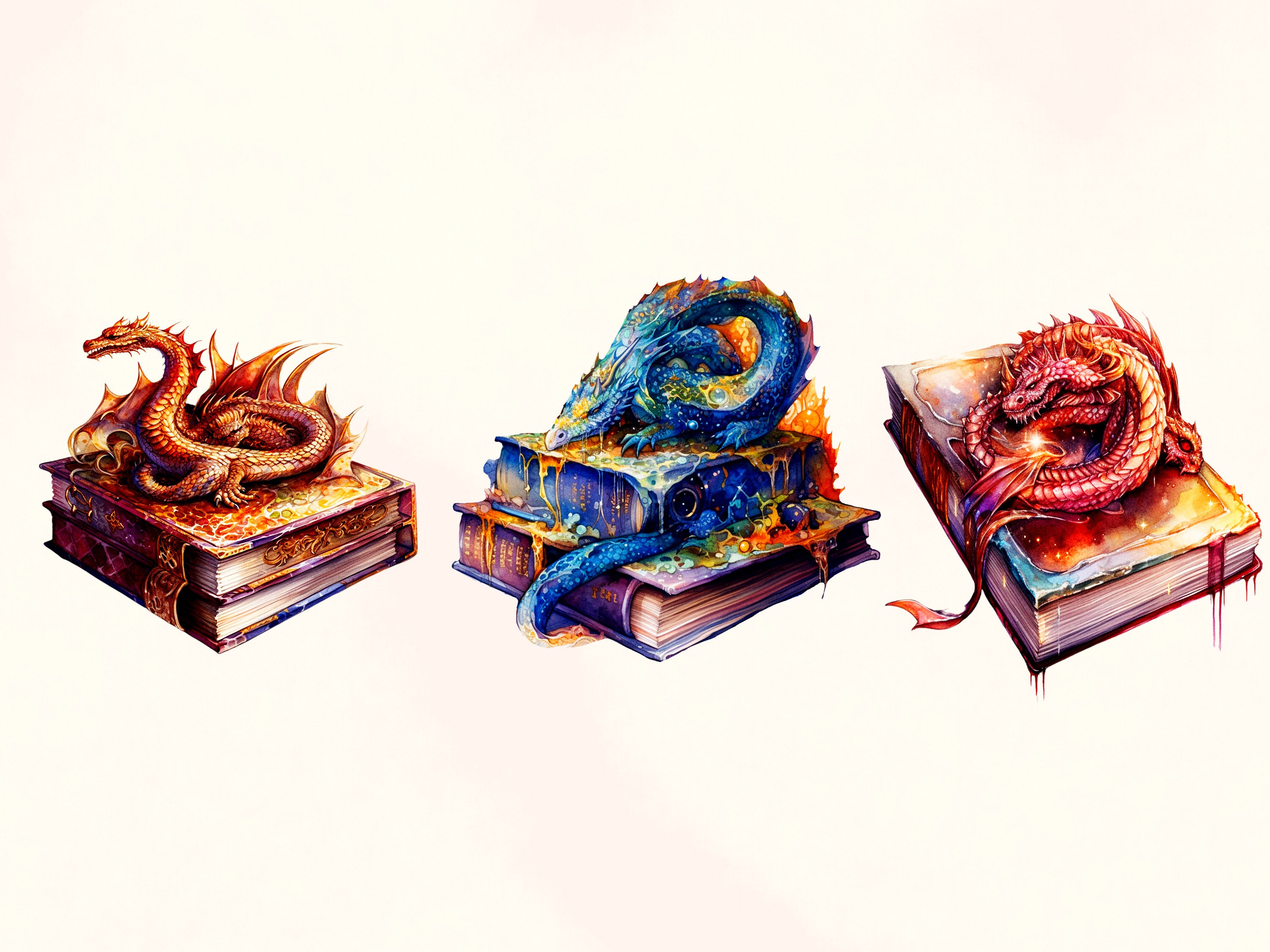 Watercolor Dragon Books Clipart, Watercolor Dragon Books, Fantasy Books ...