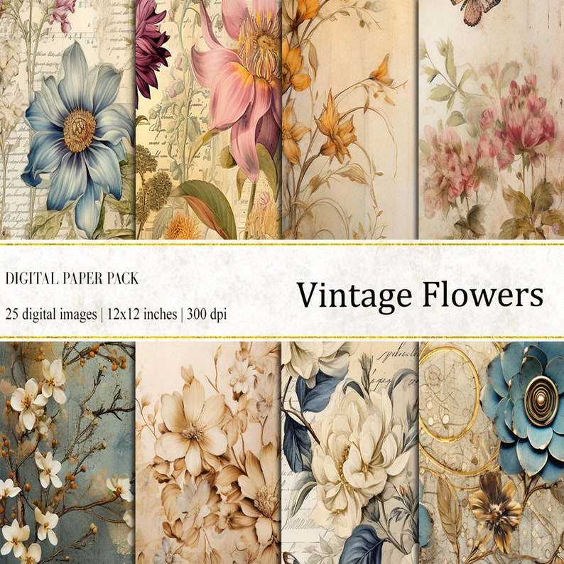Vintage Flowers Digital Paper, Vintage Floral Print, Grunge Floral ...
