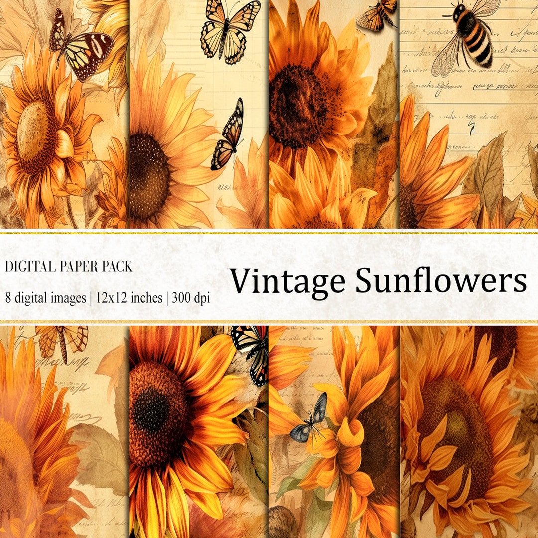 Vintage Sunflowers Digital Papers, Sunflowers Print, Watercolor ...