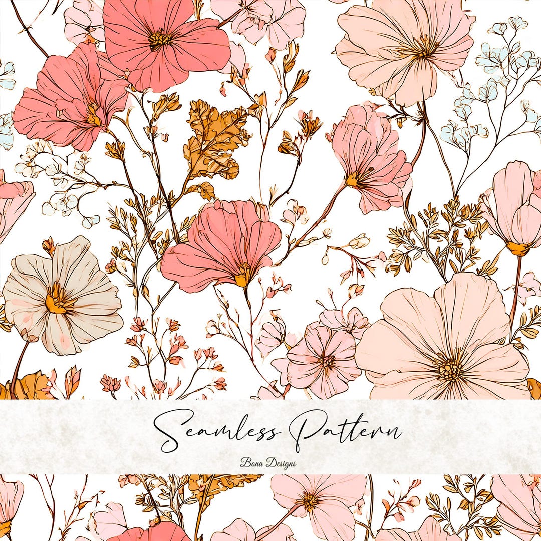 Boho Floral Seamless Pattern: Blush Pink Pastel Fabric Print (digital ...