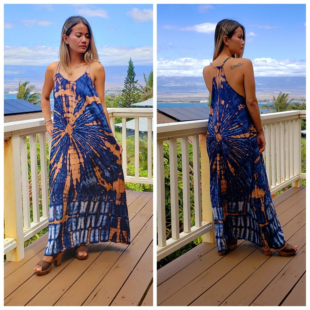 Long Boho Maxi Bamboo Racerback Tie Dye Rope Strap Dress With Pockets ...
