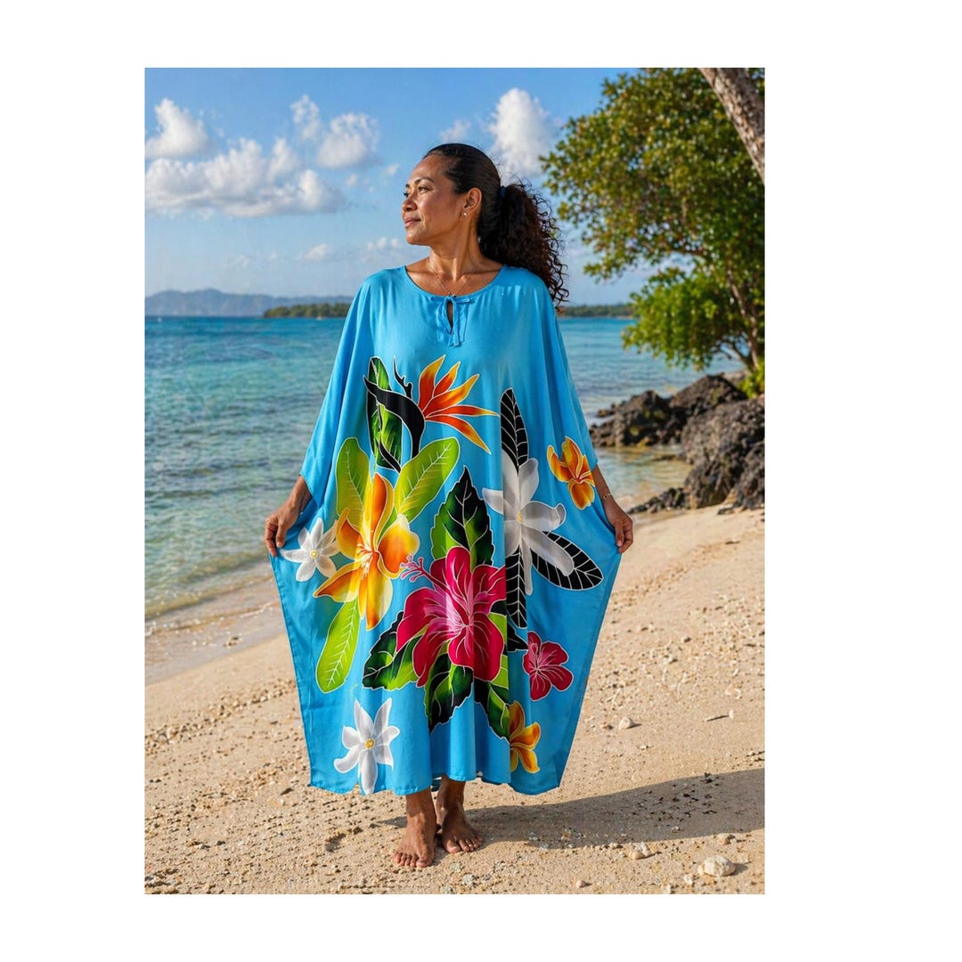 Hand Painted Hawaiian Kaftan Dress, Turquoise Tropical Floral Cover Up ...