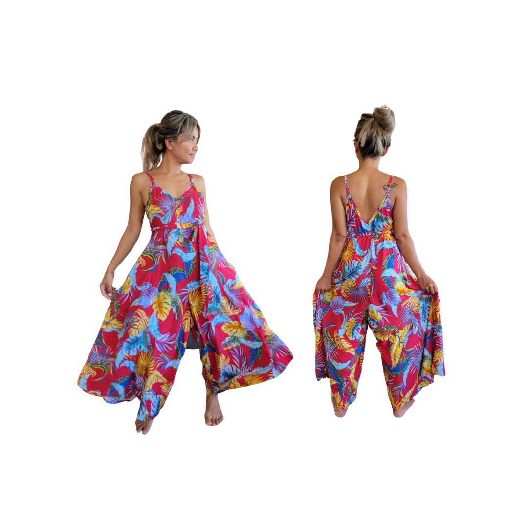 Tropical Hawaiian Print Capri Style Jumpsuit With Pockets One Size Fits ...