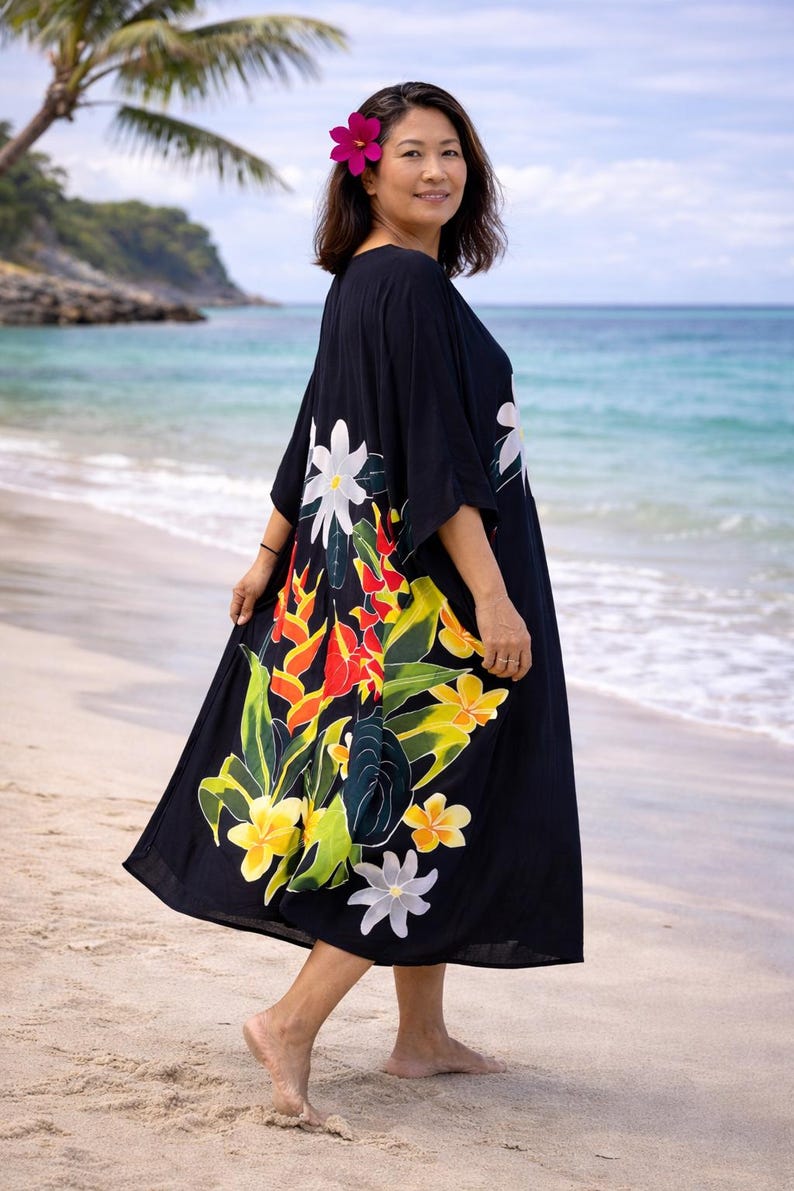 Hand Painted Hawaiian Kaftan Dress, Black Tropical Floral Cover Up ...
