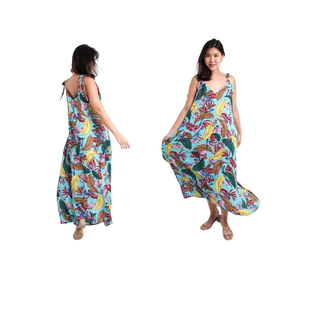 Long Maxi Tropical Hawaiian Floral Dress With Pockets and Adjustable ...