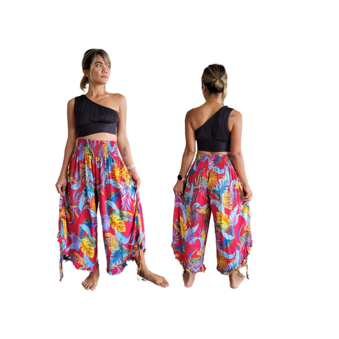 Tropical Print Pants With Elastic Waistband Ruffle Bottom and Pockets ...