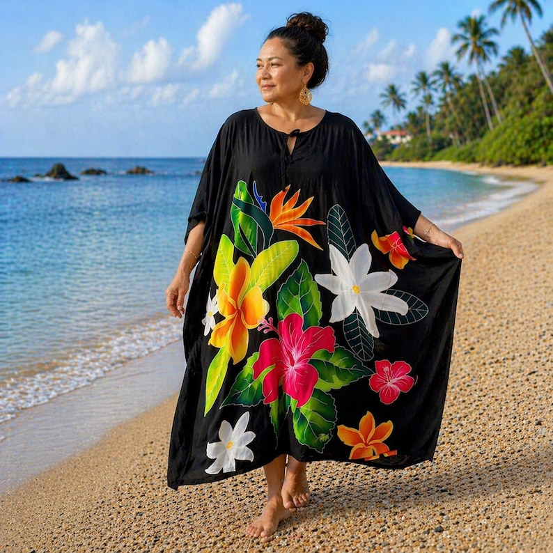 Hand Painted Hawaiian Kaftan Dress, Black Tropical Floral Cover Up ...