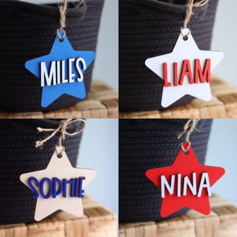 Custom USA Flag Star Name Tags - Laser Cut Patriotic Gift Basket Tags ...