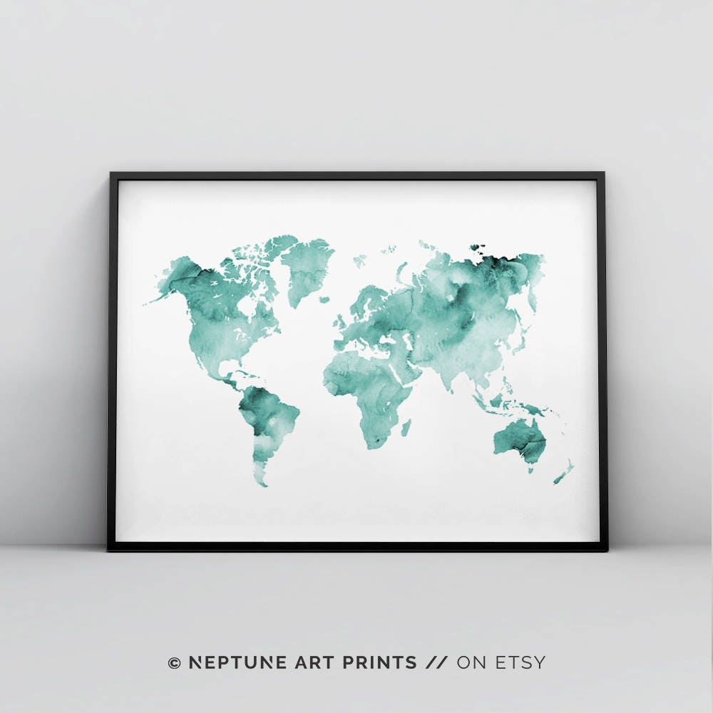 Teal World Map Poster Mint Green Map Print Teal Map | Etsy