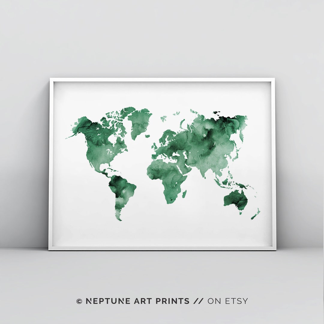 Dark Forest Green World Map Printable, Sage Emerald Green Modern Print ...