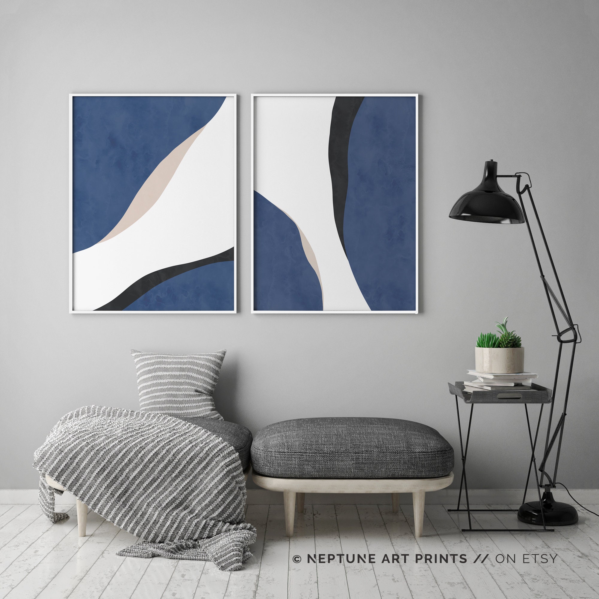 2 Piece Modern Navy Blue Wall Art Poster Print Abstract Muted - Etsy