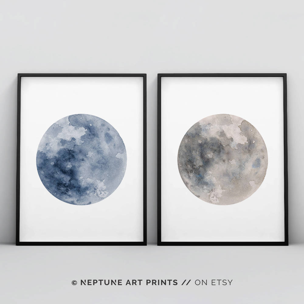 Blue Full Moon Print Blue Watercolor Moon Set of 2 La Luna | Etsy