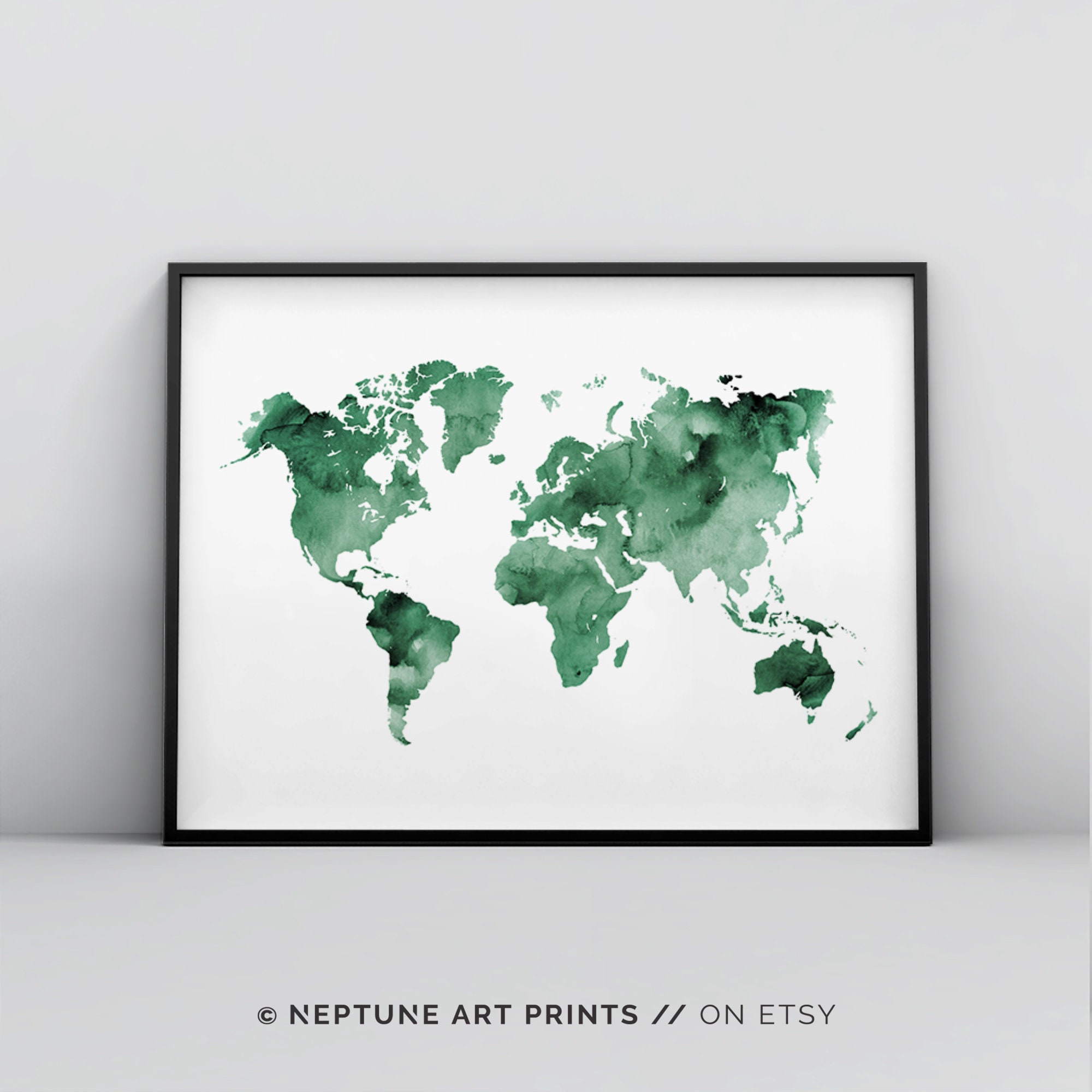 Dark Forest Green World Map Printable, Sage Emerald Green Modern Print ...