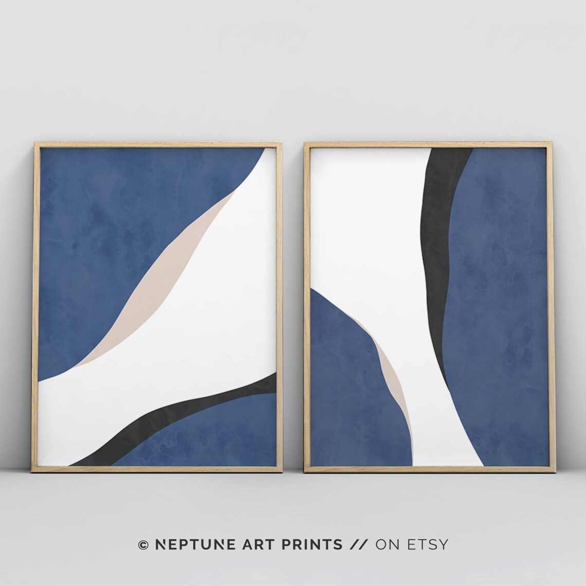 2 Piece Modern Navy Blue Wall Art Poster Print, Abstract Muted Blue ...