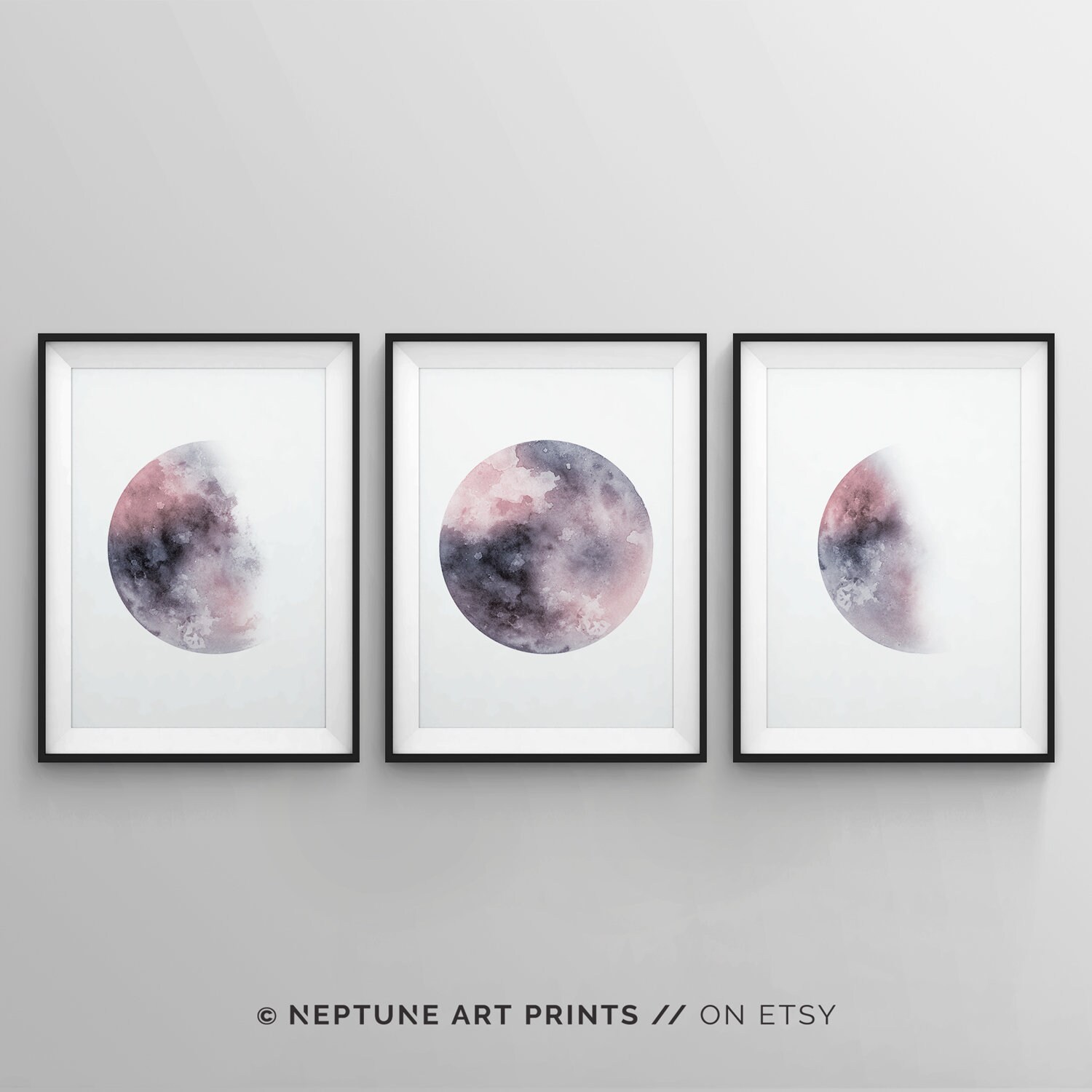 Pink Blush Moon Phase Print Set of 3 Watercolour Prints | Etsy