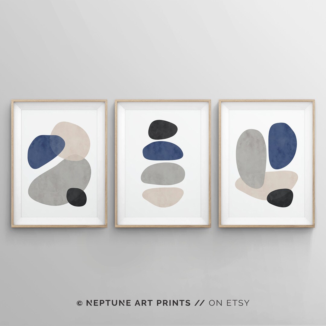 3 Piece Abstract Shapes Navy Blue Beige Watercolor Wall Art Poster ...