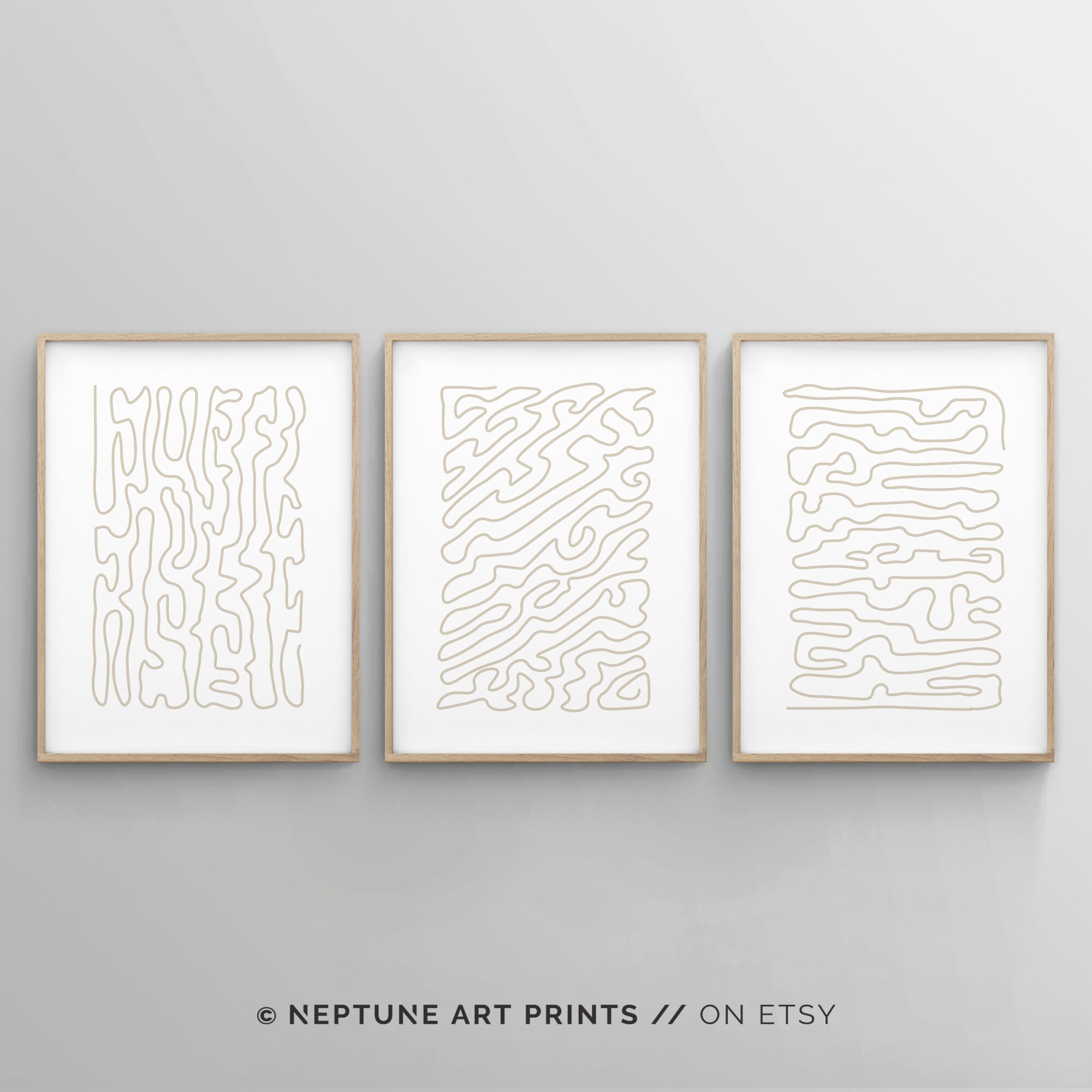 Set of 3 Abstract Line Art Drawing Poster Prints, 3 Piece Beige Neutral ...