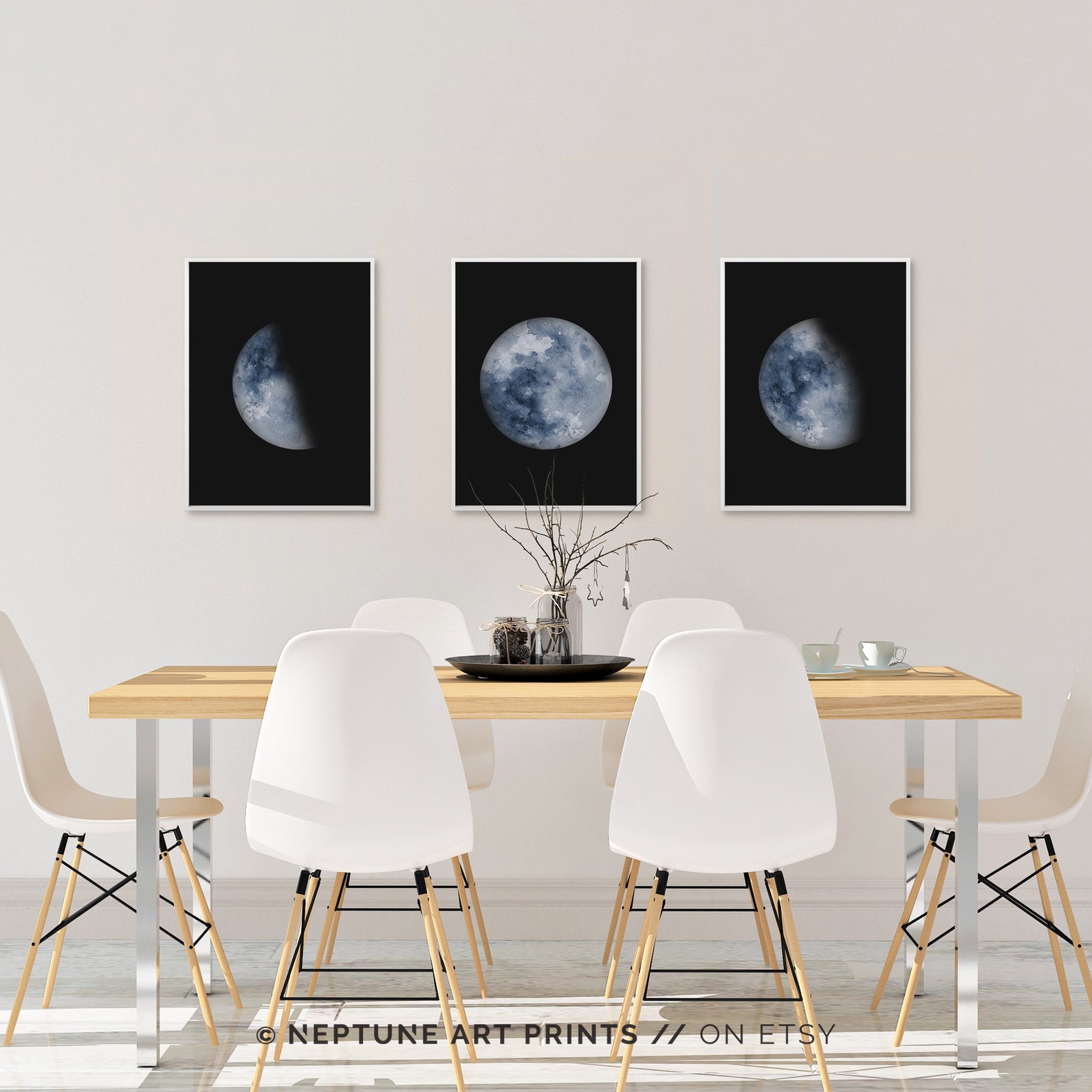 Set of 3 Blue Indigo Watercolor Moon Phase Print Prints Celestial ...