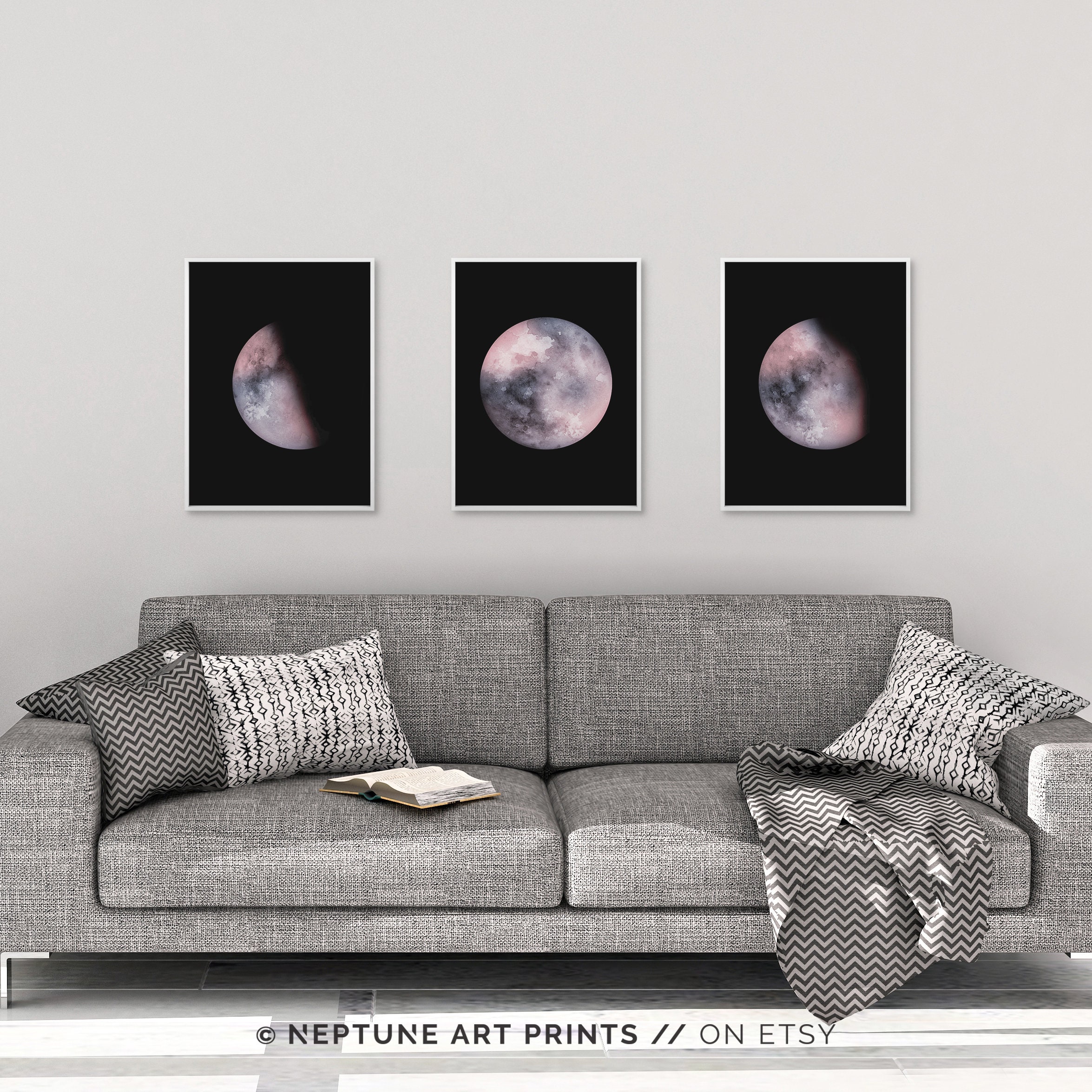 Set of 3 Pink Blush Moon Phase Print Watercolour Prints Celestial ...
