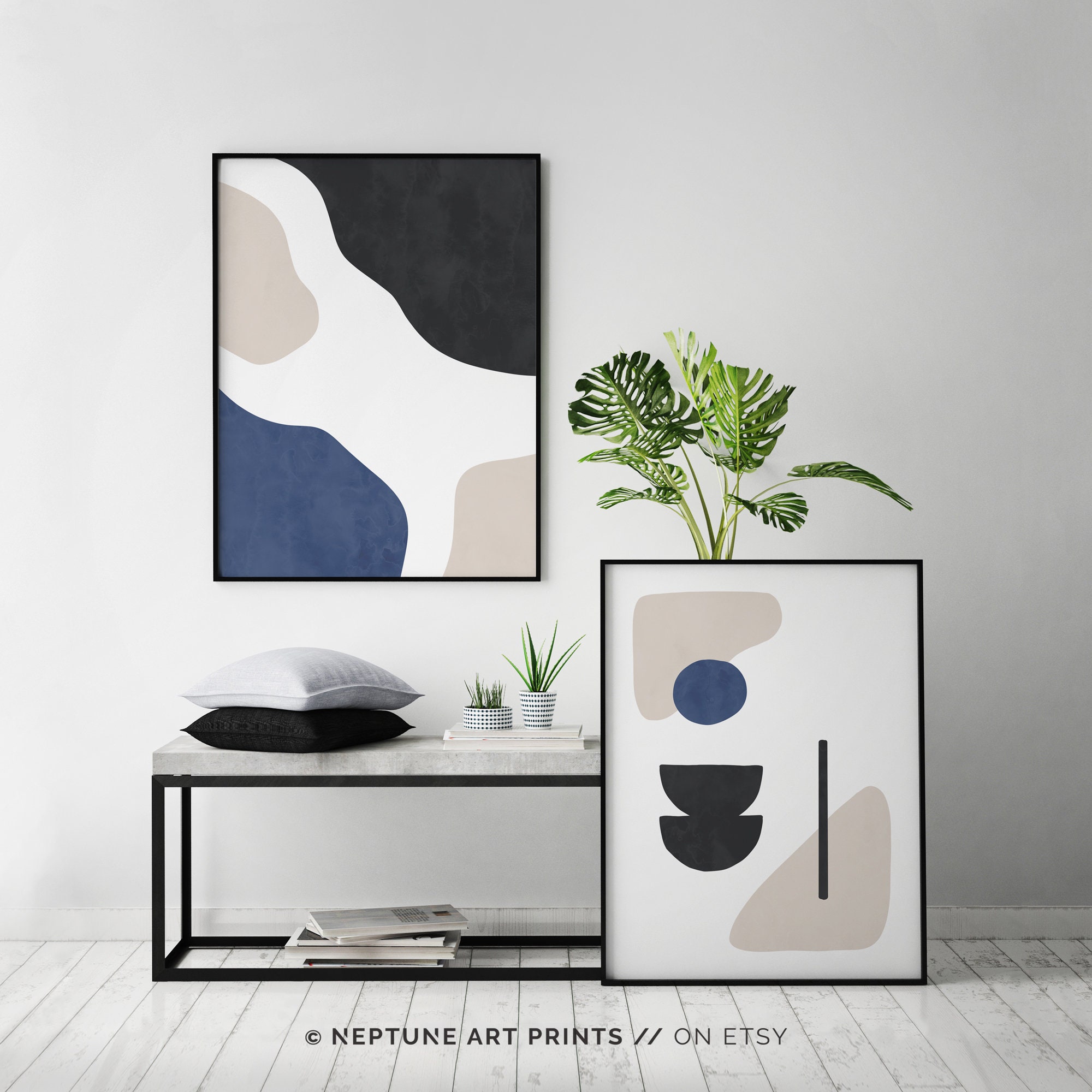 2 Piece Modern Navy Blue Wall Art Poster Print, Abstract Blue Wall Art ...