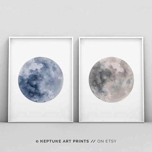 Blue Full Moon Print Blue Watercolor Moon Set of 2 La Luna - Etsy