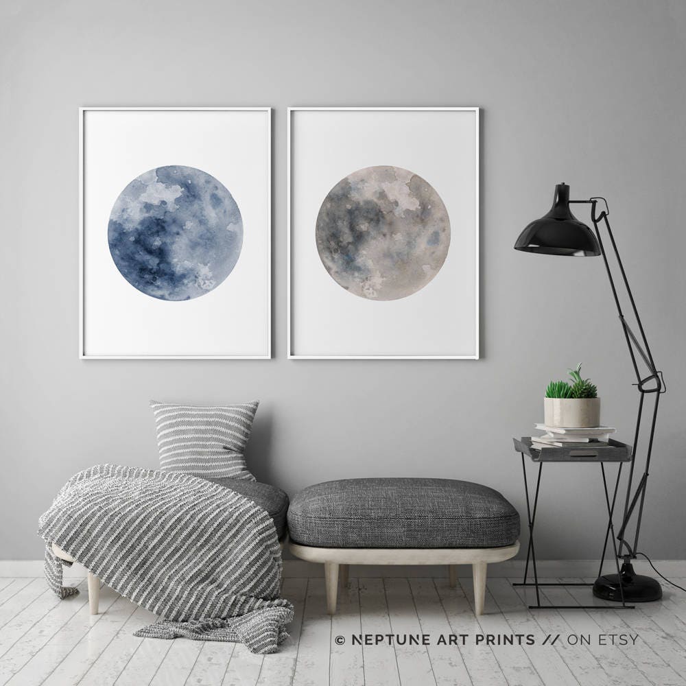 Blue Full Moon Print, Blue Watercolor Moon, Set of 2, La Luna, Full ...