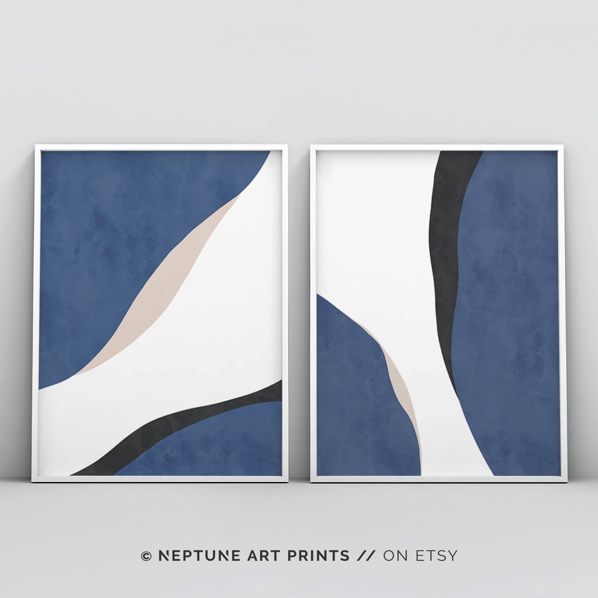 2 Piece Modern Navy Blue Wall Art Poster Print Abstract Muted | Etsy
