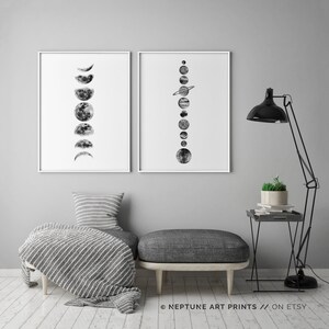 Moon Phases + Solar System Minimalistic Black and White Wall Art Poster ...