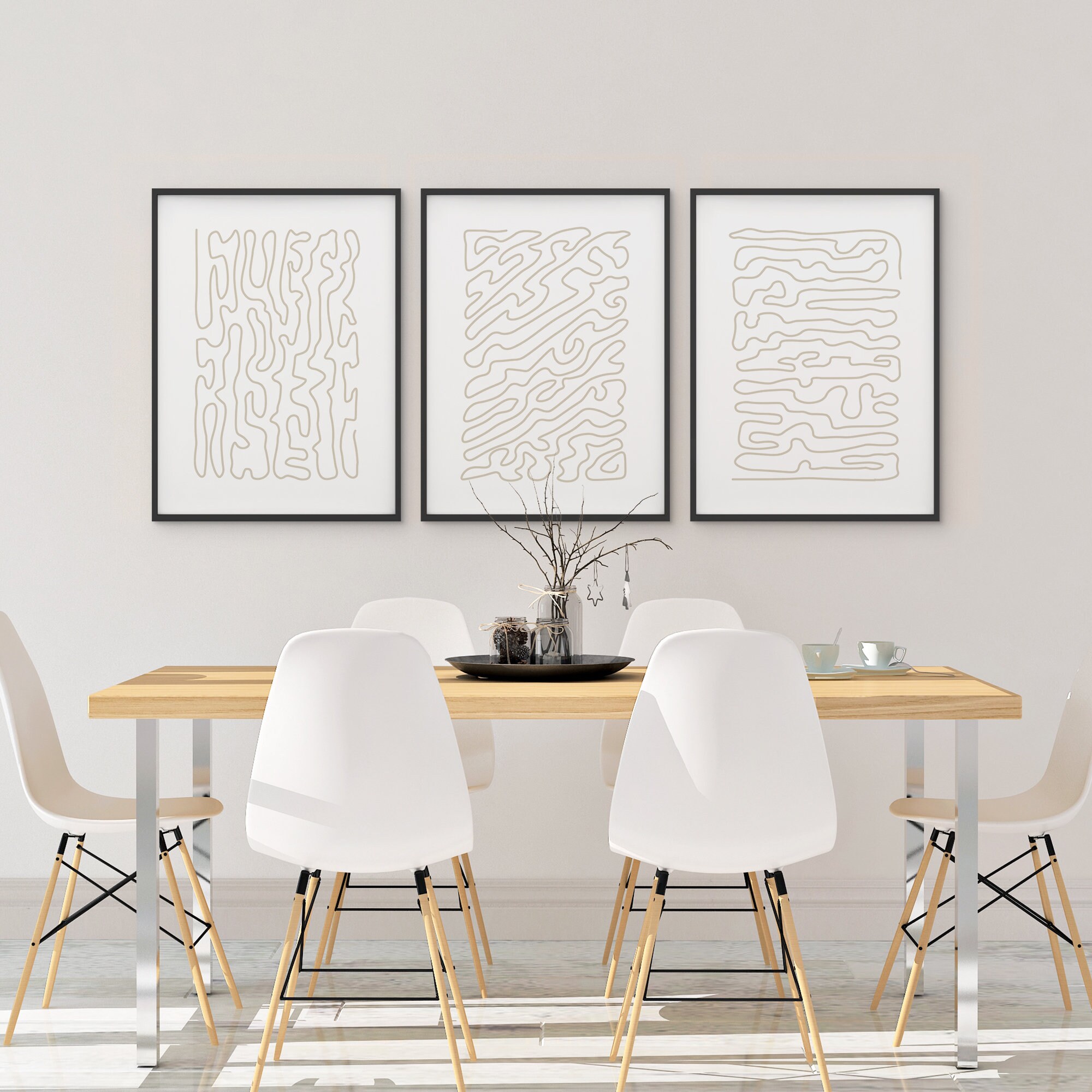 Set of 3 Abstract Line Art Drawing Poster Prints, 3 Piece Beige Neutral ...