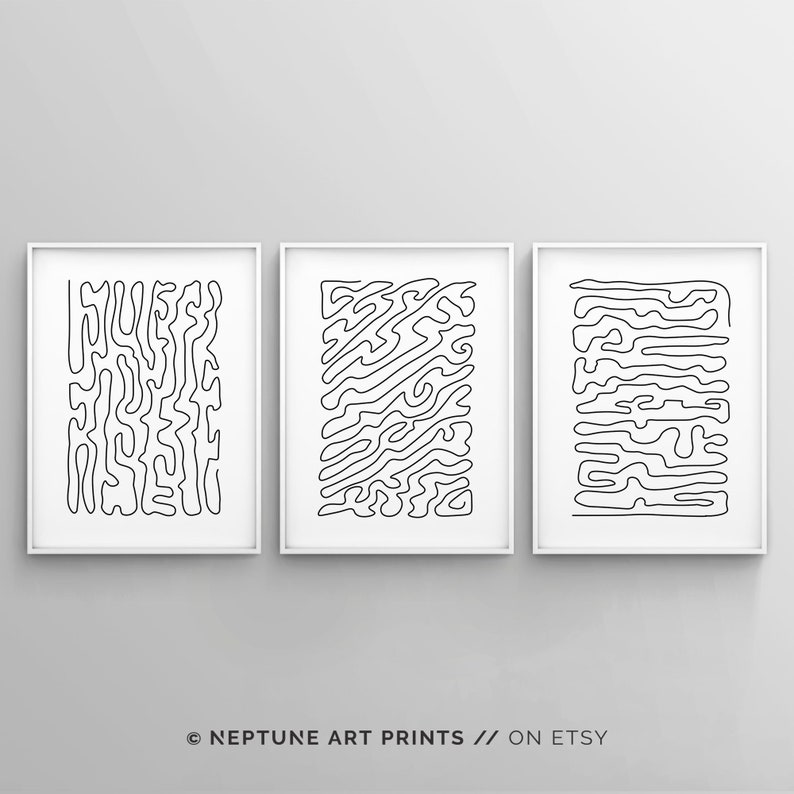 Set of 3 Abstract Line Art Drawing Poster Prints, 3 Piece Black & White ...